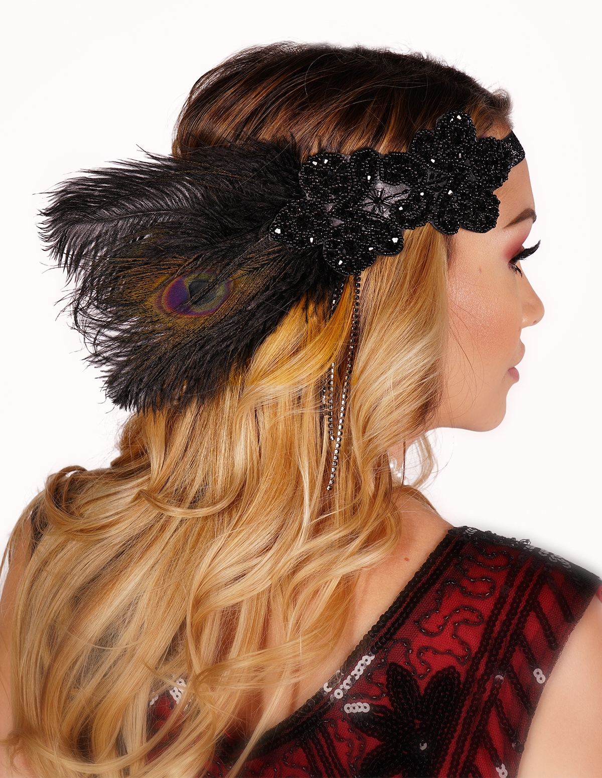 Flapper Beaded Headband With Feathers And Rhinestones - 71195-05839 ...